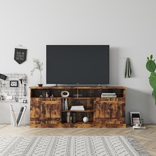 Farmhouse Rustic Solid Wood 75" TV Stand with 3 Layers of Open Shelves ...