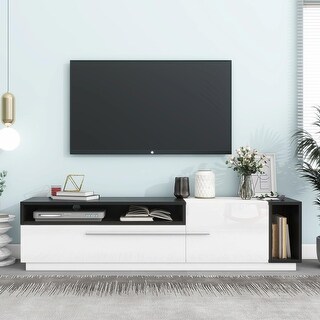 Chic Two-Tone TV Stand for 70" TVs, Spacious Storage, Silver Handles ...