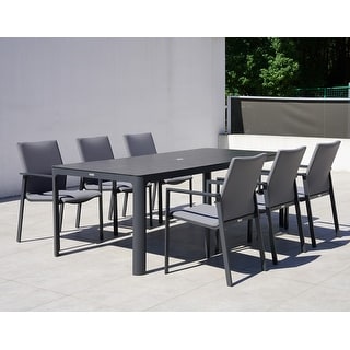 Versailles Dark Gray 7-Piece Aluminum Rectangular Outdoor Dining Set with Sling Set in Light ...