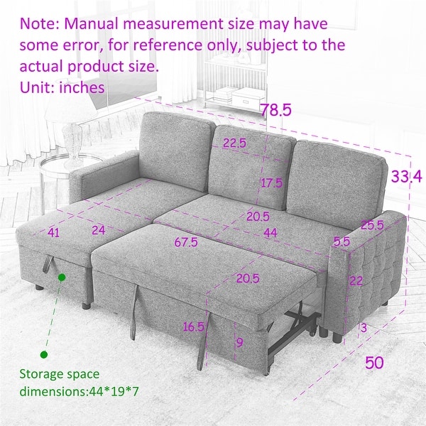 Reversible Linen L-Shaped Sleeper Combo Sofa with Pullout Bed - Bed ...