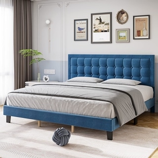 Upholstered Platform Bed Frame with Button Tufted Headboard and Wooden ...