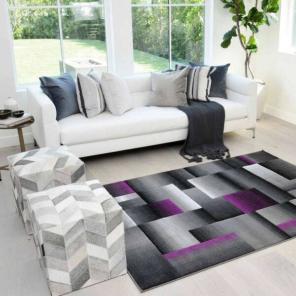 HR Purple Grey Silver Black Abstract Rug Modern Geometric Square Design ...