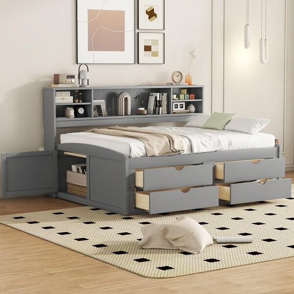 Full Size Captains Bed with Storage Drawers Wood Daybed with Bookcase Headboard Cabinets Built in Bookshelves for Kids Teens On Sale Bed Bath Beyond 39994310