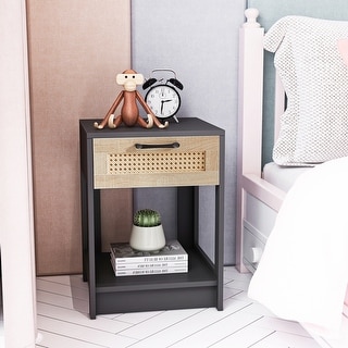 Black Rattan Woven Door Panels Nightstand Side Table with Alloy Handles ...