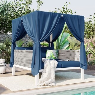 Blue Versatile Outdoor Lounger with Canopy & Water-resistant Cushions ...