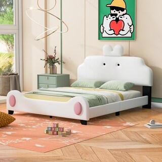 Full Size Upholstered Bed w/ Cartoon Headboard & Footboard, Pink+White ...