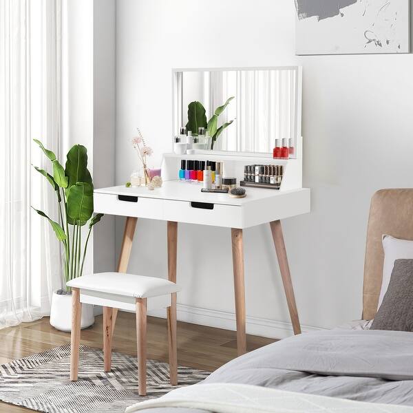 Elegant White Wooden Makeup Vanity Table with Real Glass Mirror and ...