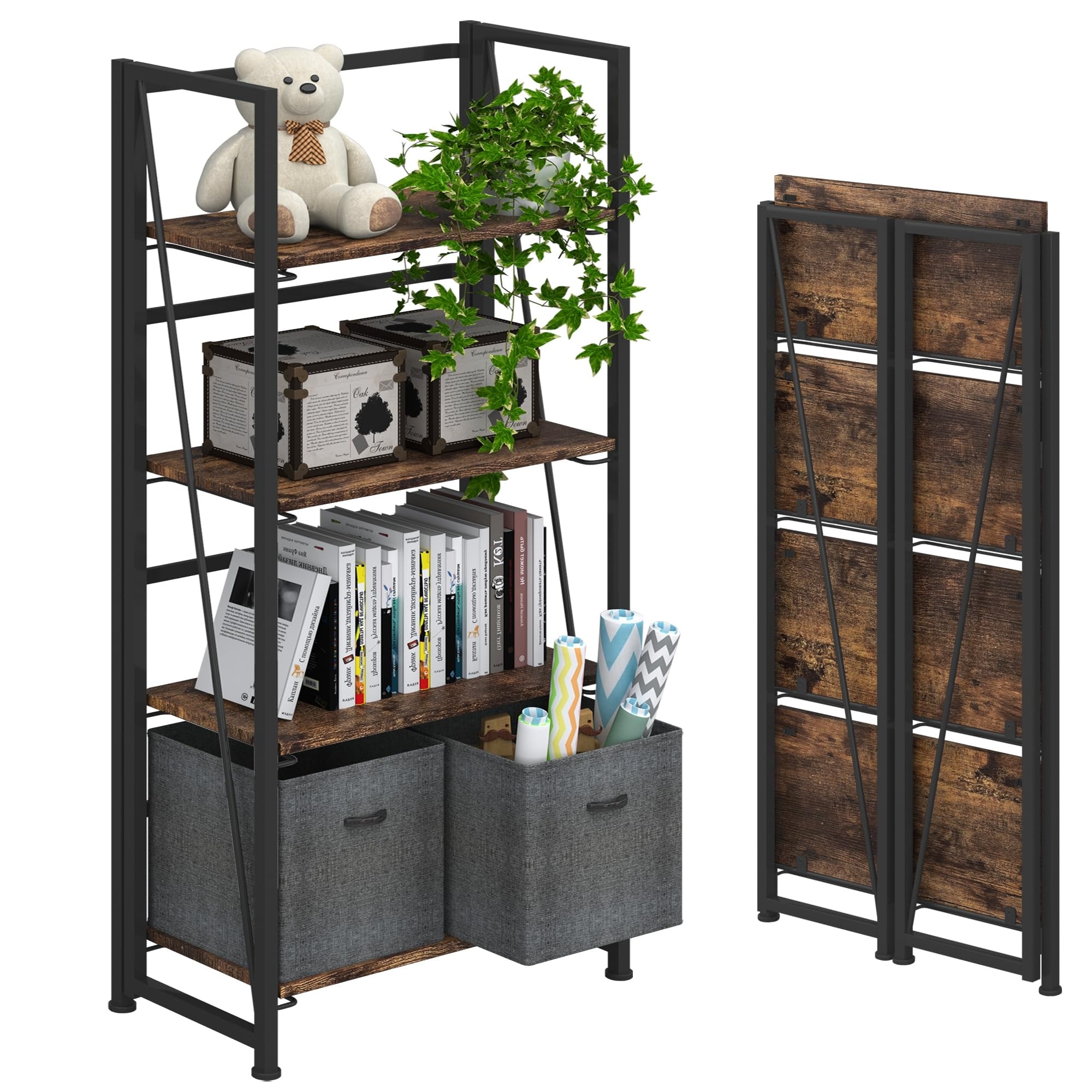 No-Assembly Folding Bookshelf Storage Shelves 4 Tiers Vintage ...