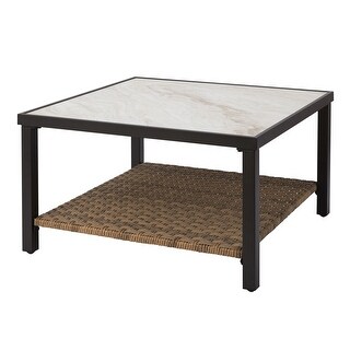 River Oaks Tile Top Coffee Table with All-Weather Wicker Shelf, White ...