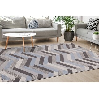 Florence Collection - Grey/Blue Herringbone Rug - 4'7" x 6'7" - Bed ...