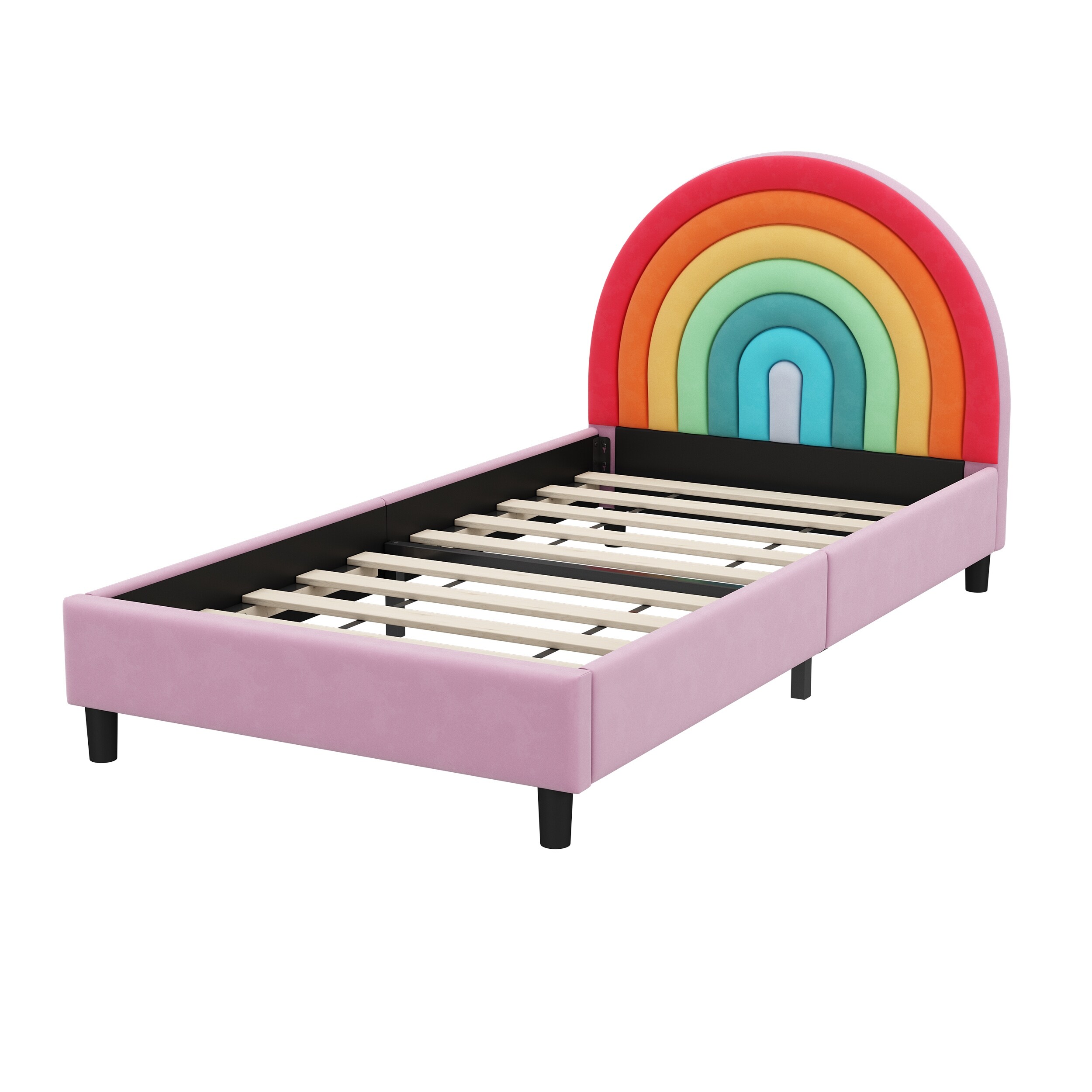 Upholstered Twin Platform Bed with Rainbow Design Comfortable Eco Friendly and No Box Spring Required for Kids Bedroom Colorful