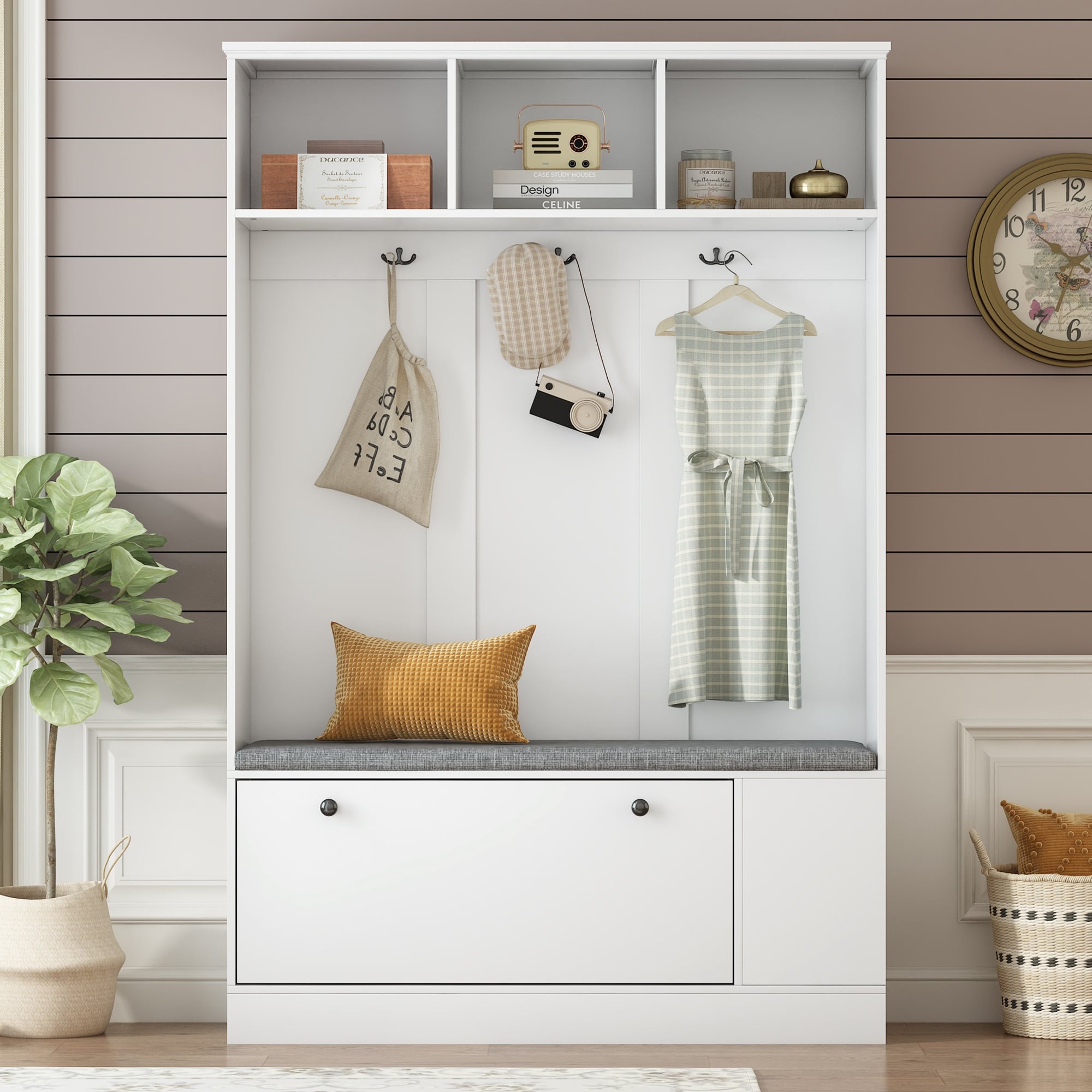 Wide Hall Tree Coat Rack Entryway Storage Bench Display Cabinet, White ...