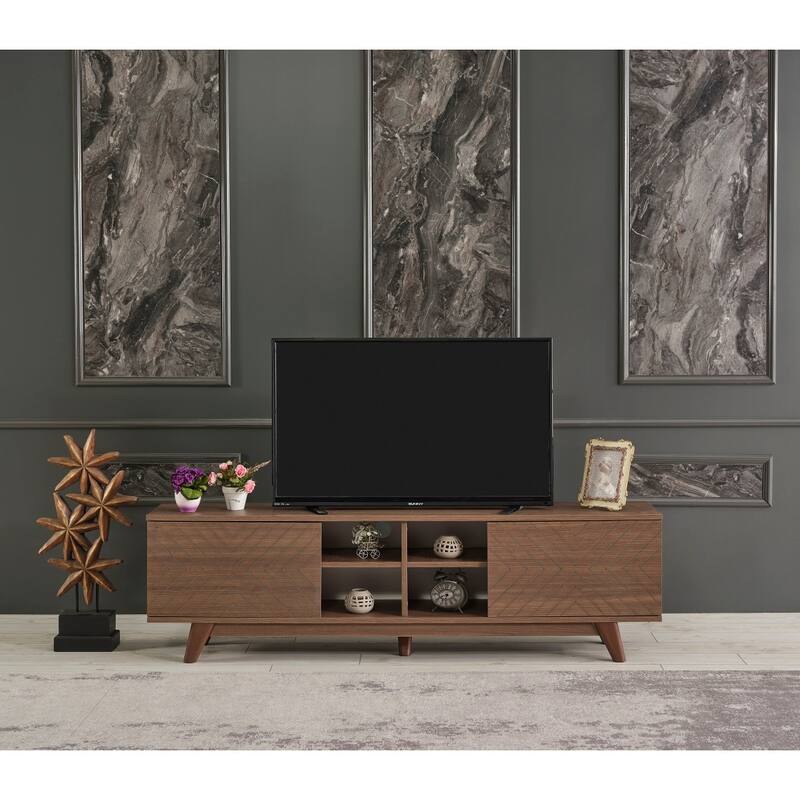 Laydi Mid Century Modern Tv Stand 2 Door Cabinet 4 Cubby Hole Shelves ...