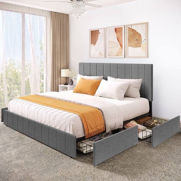 Modern Queen/King Grey Upholstered Bed Frame with Storage Drawers - Bed ...