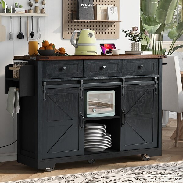Dining Storage Side Table Kitchen Island wPower Outlet Sliding Barn Door Drop Leaf Spice Rack Black Rolling Kitchen Cart