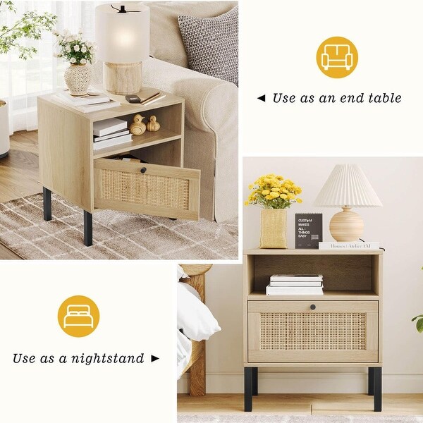 Natural Rattan Nightstand Set of 2 End Table Boho Bedside Table with 1 Hand Made Door for Living Room Bedroom On Sale Bed Bath Beyond 40866049
