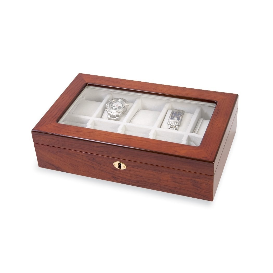 Curata High Gloss Dark Maple Finish Clear Lid Velvet Lined Locking ...