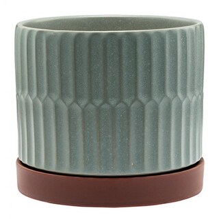 Gray Ribbed Pot With Brown Saucer Planter - Bed Bath & Beyond - 41077402