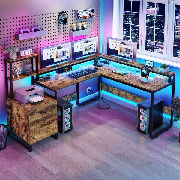 Moasis Reversible L Shaped LED Computer Gaming Desk with Power Outlets ...