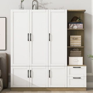 3 Door Wooden Storage Wardrobe Modern Multifunctional Wardrobe with ...