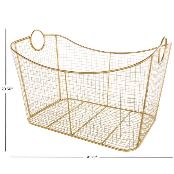 Gold Metal Wire Grid Storage Basket with Curved Edges Ring Handles ...