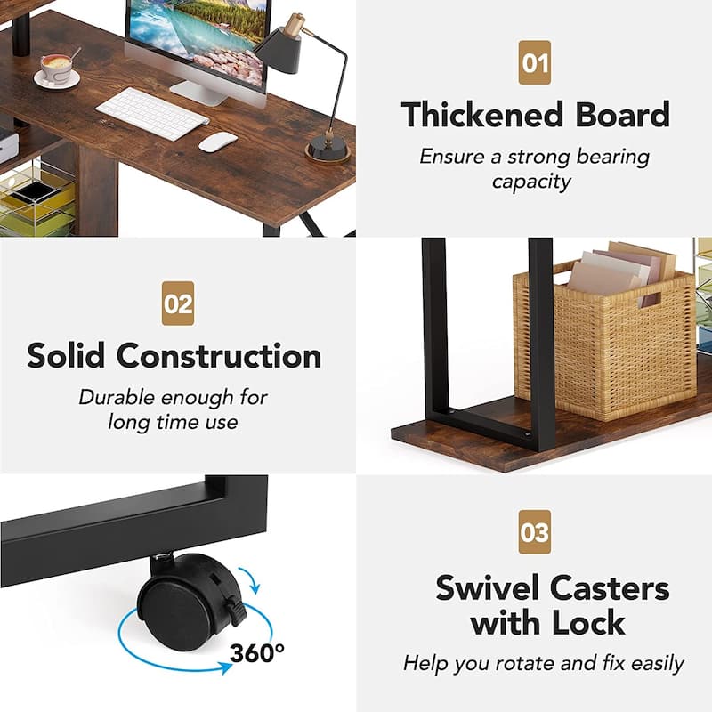Rotating L Shaped Computer Desk with 5 Shelves Bookshelf - Overstock ...