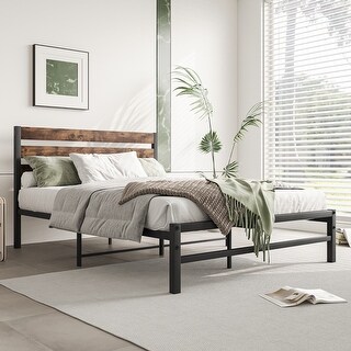 Platform Bed Frame Rustic Vintage Wood Headboard Metal Slats Support ...