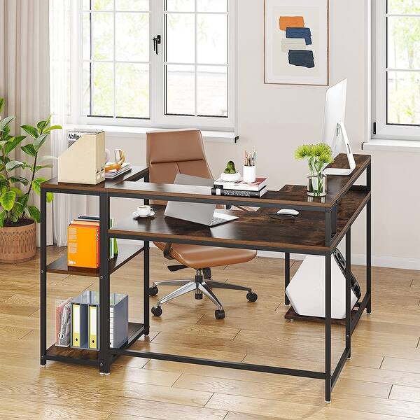 63 Inch L Shaped Desk with Monitor Shelf and CPU Standfor Home Office ...