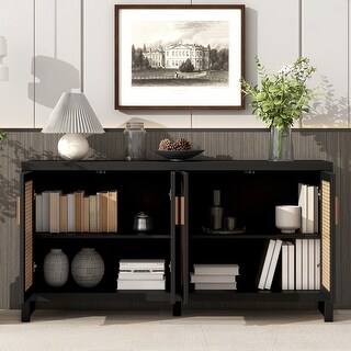 TV Stand with Shelves, Rattan Doors, Metal Handles, Black - Bed Bath ...