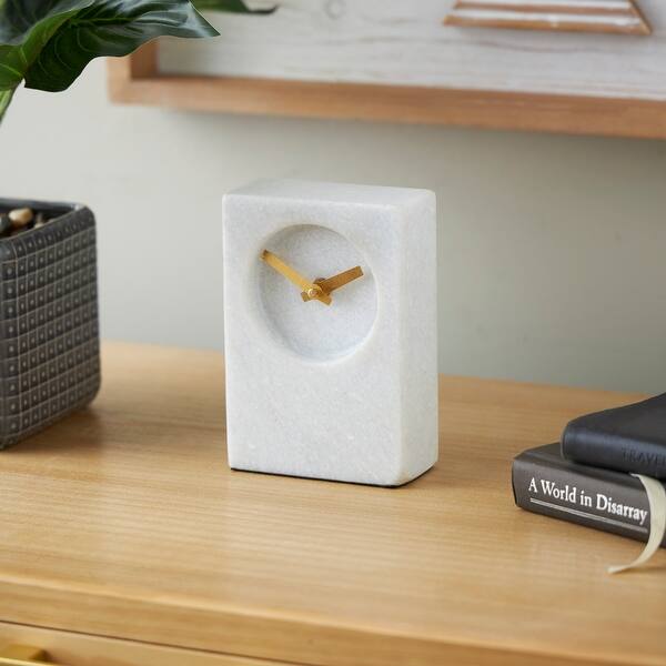 White Marble Minimalistic Rectangular Clock with Recessed Numberless ...