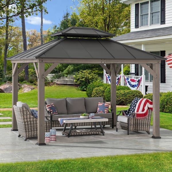 Sunjoy Outdoor Cedar Wood Frame Patio Gazebo Steel Hardtop - On Sale ...