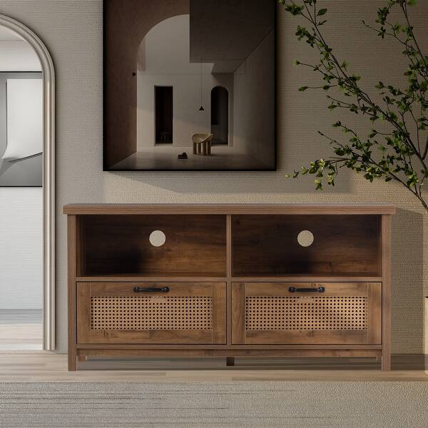 47''W Rattan&Wood TV Stand Storage Cabinet Media Console for 55 inch ...