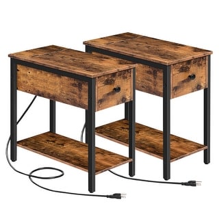 Side Tables Set of 2 with Charging Station, Narrow Nightstand with ...