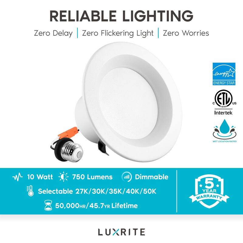 Luxrite 4" LED Recessed Lighting, Color Temperature Selectable 2700K ...