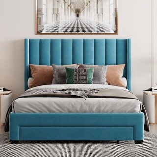 Blue Queen Size Storage Bed Upholstered Platform Bed with a Drawer ...