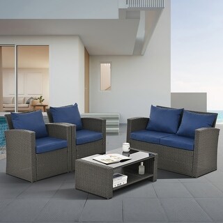 Blue 4-piece Patio Furniture Conversation Sofa Sets with Glass Top ...