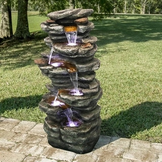 6-Tier Rockery Waterfall Outdoor Water Fountain with LED Lights - Bed ...