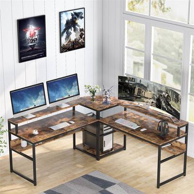 L-Shaped Computer Desk with Storage Shelves & Monitor Riser - Overstock ...