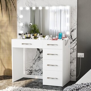Leia Modern White Painted Vanity Table, USB Port, Lights, for Bedroom ...