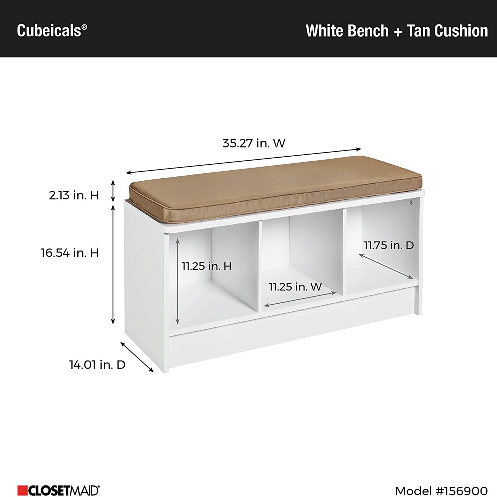 ClosetMaid 3 Cube Cubby Storage Organizer Bench with Seat Cushion White Tan 32.8