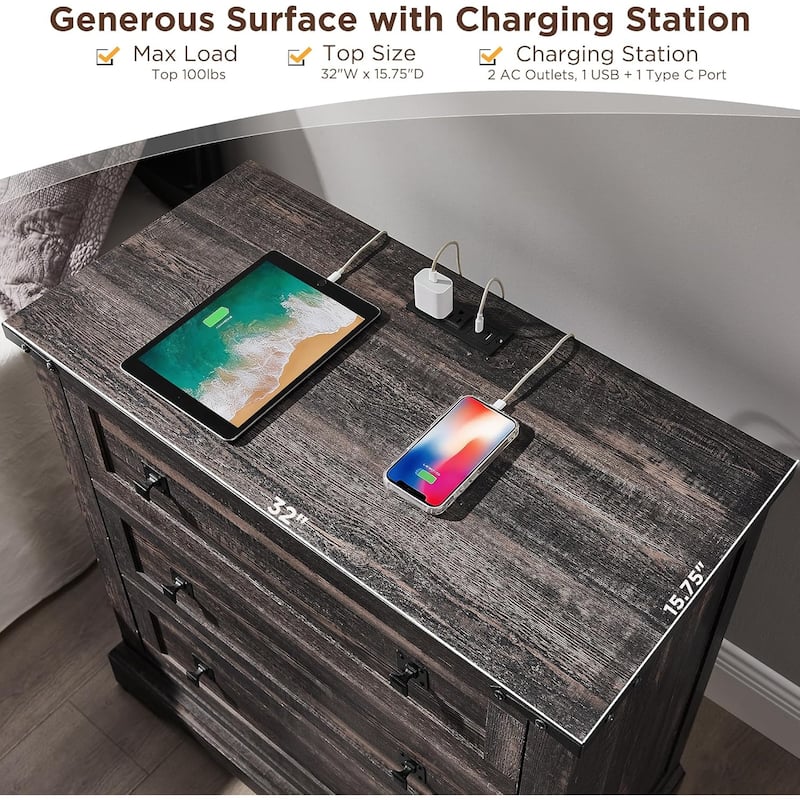 32" Farmhouse Nightstand, End Table with 3 Drawers, Charging Station ...