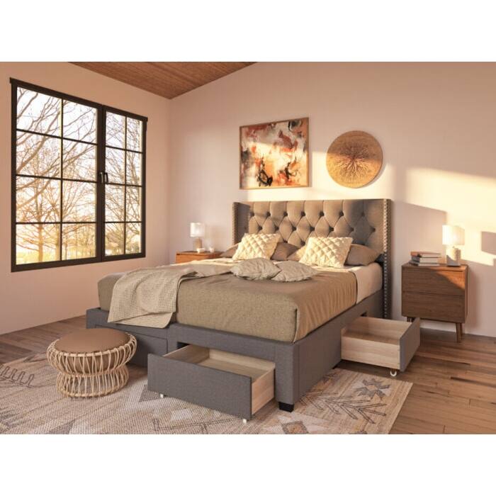 Bardy Beige or Grey Wingback Tufted Upholstered 4 Drawer Storage Bed ...