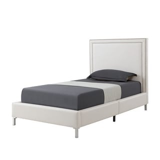 White Solid Wood Twin Upholstered Faux Leather Bed with Nailhead Trim ...