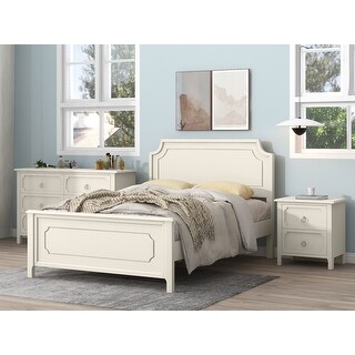 Milky White 3 Pieces Bedroom Sets Full Size Platform Bed with Headboard ...