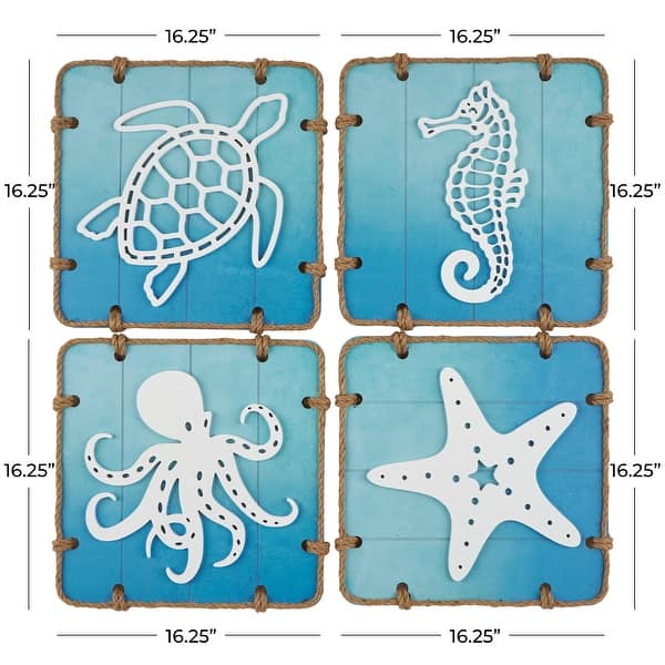 Blue Wooden Ombre Sea Life Home Wall Decor with Rope Accents (Set of 4 ...