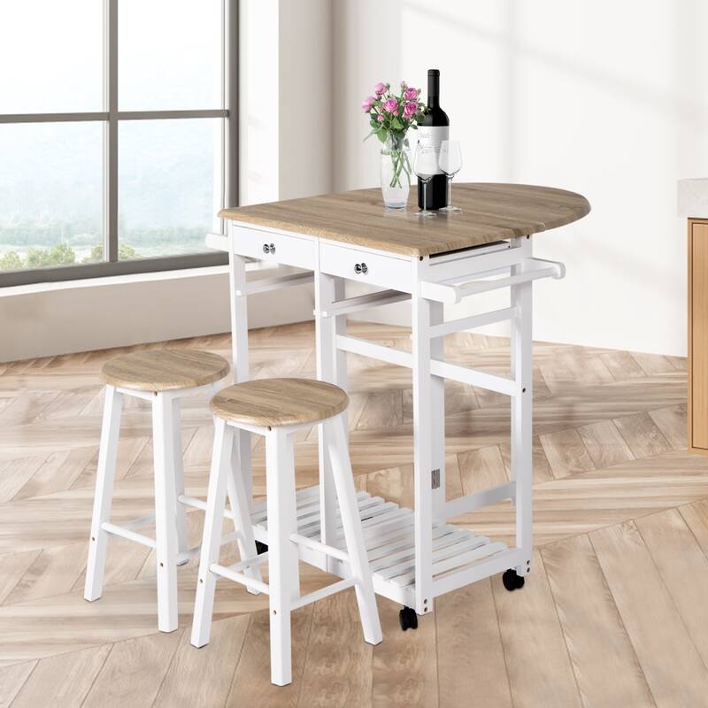 Kinbor Rolling Kitchen Island Cart, Wood Drop Leaf Table w/ 2 Stools, 3 ...