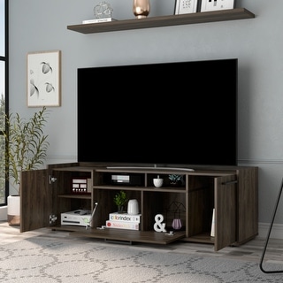 Modern TV Stand for 55"" TV with 3 Compartment Cabinets, 2 Open Shelves ...