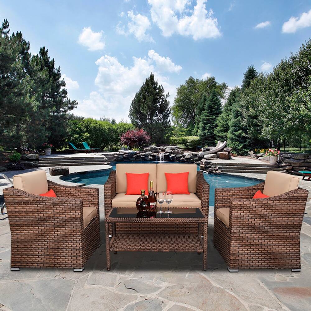 Wide Rattan Double Contiguous Rattan Four-Piece Suit 1 Double 2 Single ...