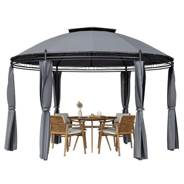 Circular Dome Hexagon Gazebo Canopy with Polyester Privacy Curtain ...