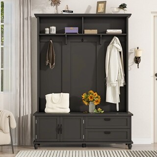 Modern Style Entryway Hall Tree with Storage Bench Shelves 5 Hooks ...